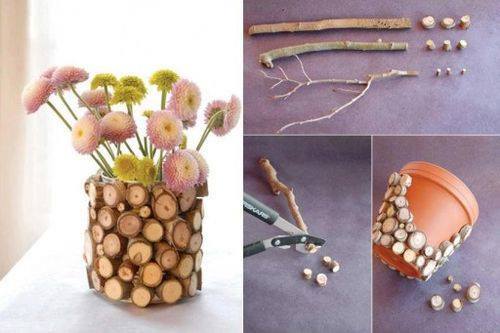 Pot for flowers with slices of tree branches - Styles Idea