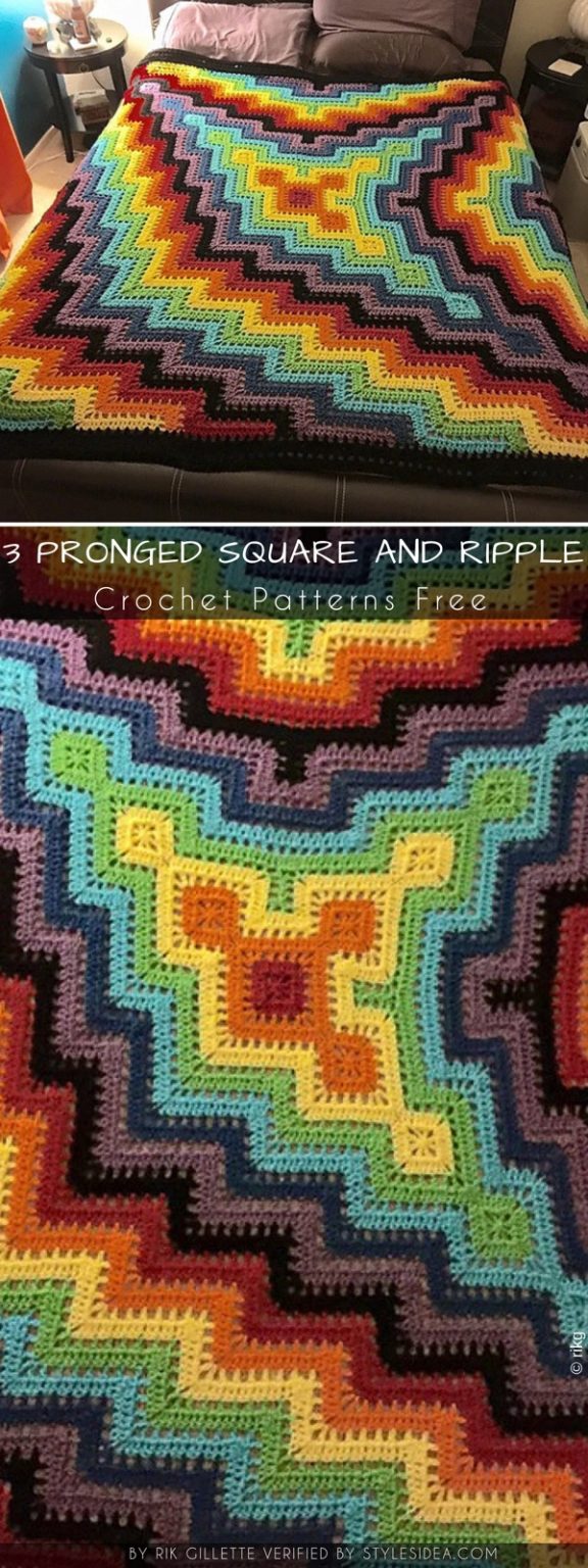 3-Pronged Square Ripple Blanket Crochet Pattern Free - Styles Idea