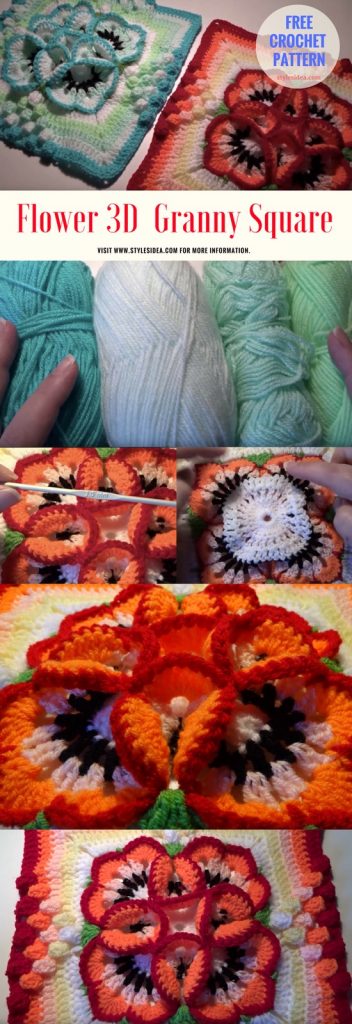 Flower 3D Granny Square Free Crochet Pattern and Tutorial - Styles Idea